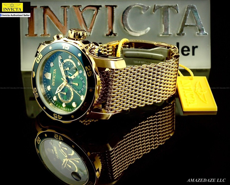 NEW Invicta Men 48mm ProDiver Scuba Chrono Mesh Bracelet GREEN DIAL SS ...