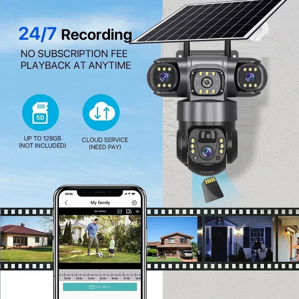 16MP 4 CAMERAS Solar 4G PTZ Security Camera 6K 16MP 4-Lens Night Vision ...