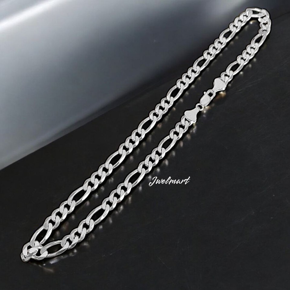 Real Sterling Silver Mens Diamond Cut Figaro Chain Necklace 925 Silver ...