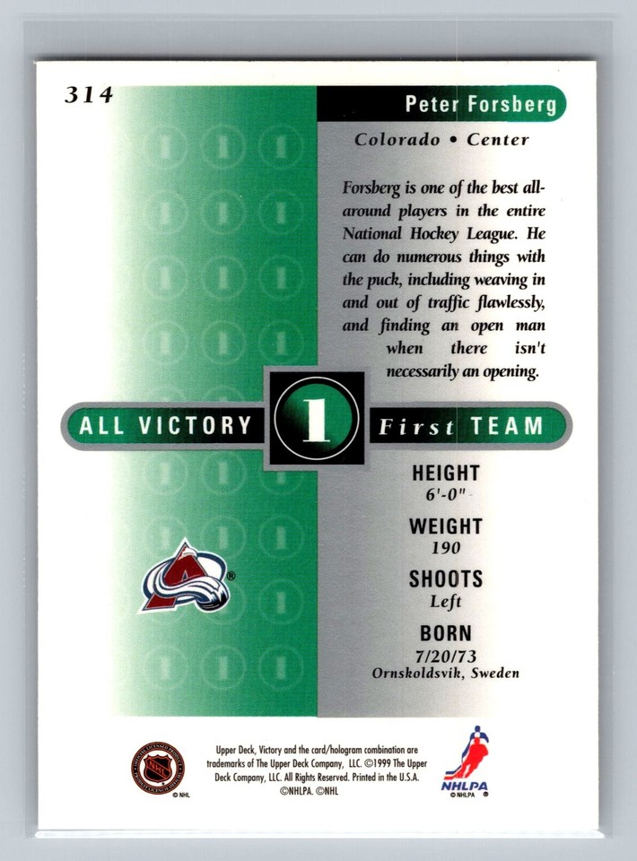 1999 Upper Deck Victory #314 Peter Forsberg NHL Colorado Avalanche | eBay