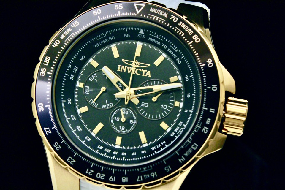 NEW Invicta Men's AVIATOR VOYAGE 50MM BLACK/GOLD Dial S.S Chrono Watch ...
