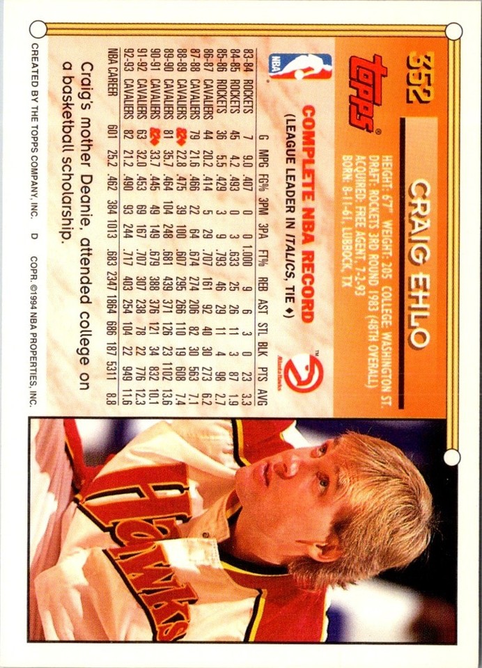 1993 Topps Gold Craig Ehlo #352 Atlanta Hawks Basketball Card | eBay