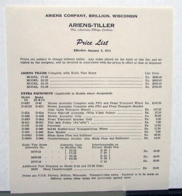 1954 Ariens-Tiller Model C1-22 B1-22 Pricelist Assembly No. Specs Data ...