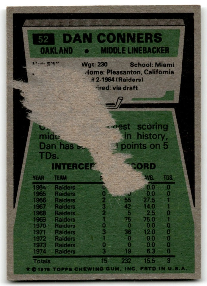 1975 TOPPS DAN CONNERS OAKLAND RAIDERS #52 | eBay