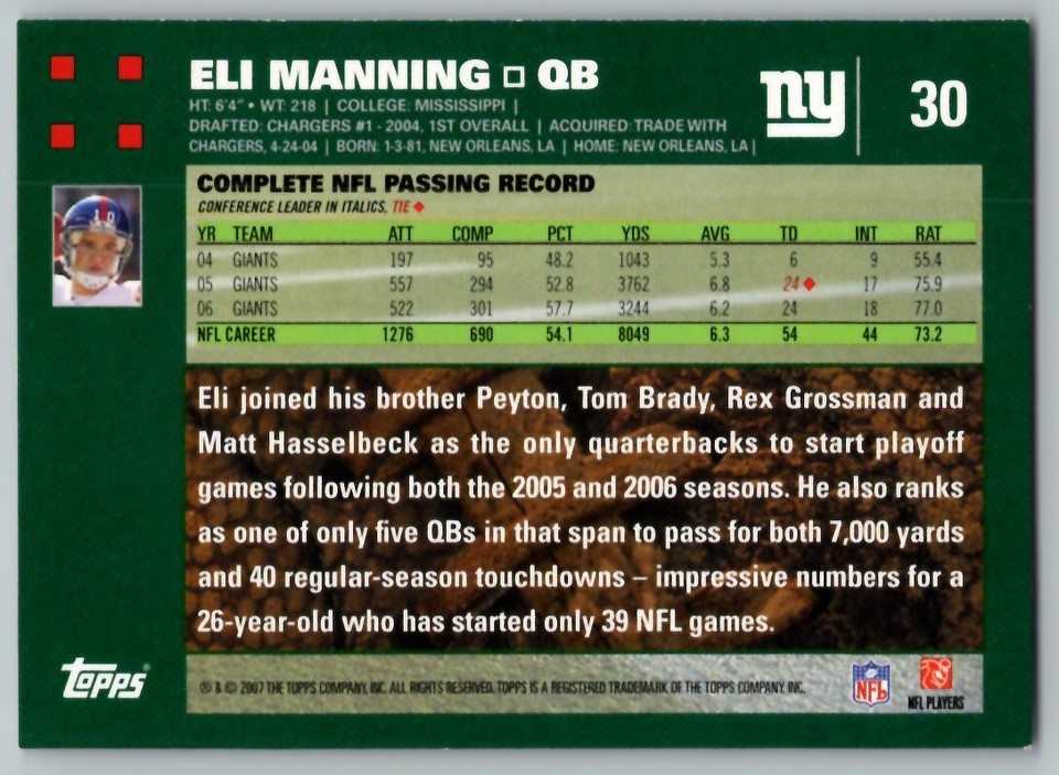 2007 TOPPS ELI MANNING NEW YORK GIANTS #30 | eBay