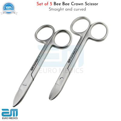 Set of 2 Bee Bee Crown Scissor STRAIGHT & CURVED 11.5cm Dental Surgical ...