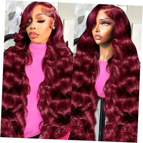 28 Inch 99J Burgundy Lace Front Wigs Human Hair 13x6 HD Transparent ...