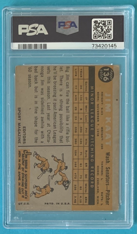 1960 Topps #136 Jim Kaat PSA 2 Rookie Card Hall Of Fame HOF RC Twins | eBay