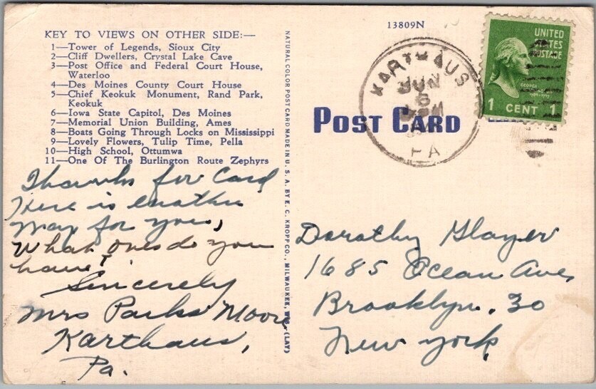 Vintage IOWA State MAP Postcard Multi-View / 6 Scenes Kropp Linen 1945 ...