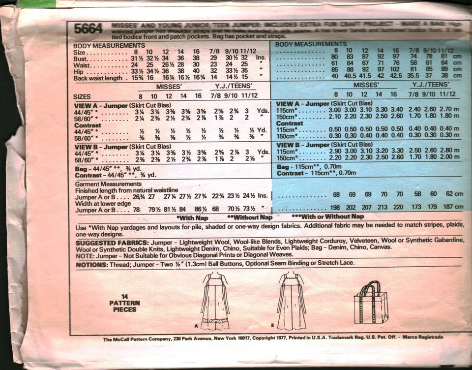 5664 Vintage McCalls SEWING Pattern Misses Jumper Make a Bag Sew for ...