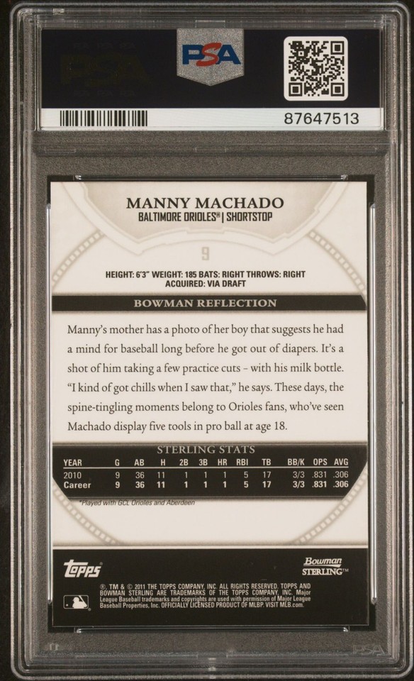2011 BOWMAN STERLING PROSPECTS MANNY MACHADO #9 ROOKIE PSA 9 PADRES ...