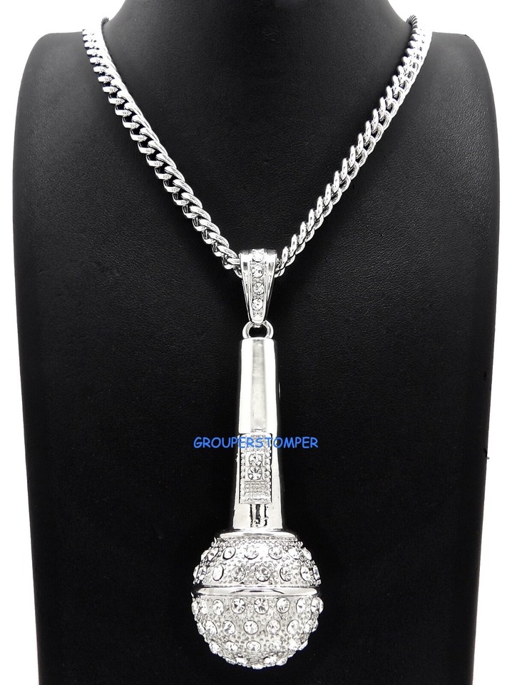 Microphone Necklace Rhinestone Pendant with Cuban Link Chain Mic DJ | eBay