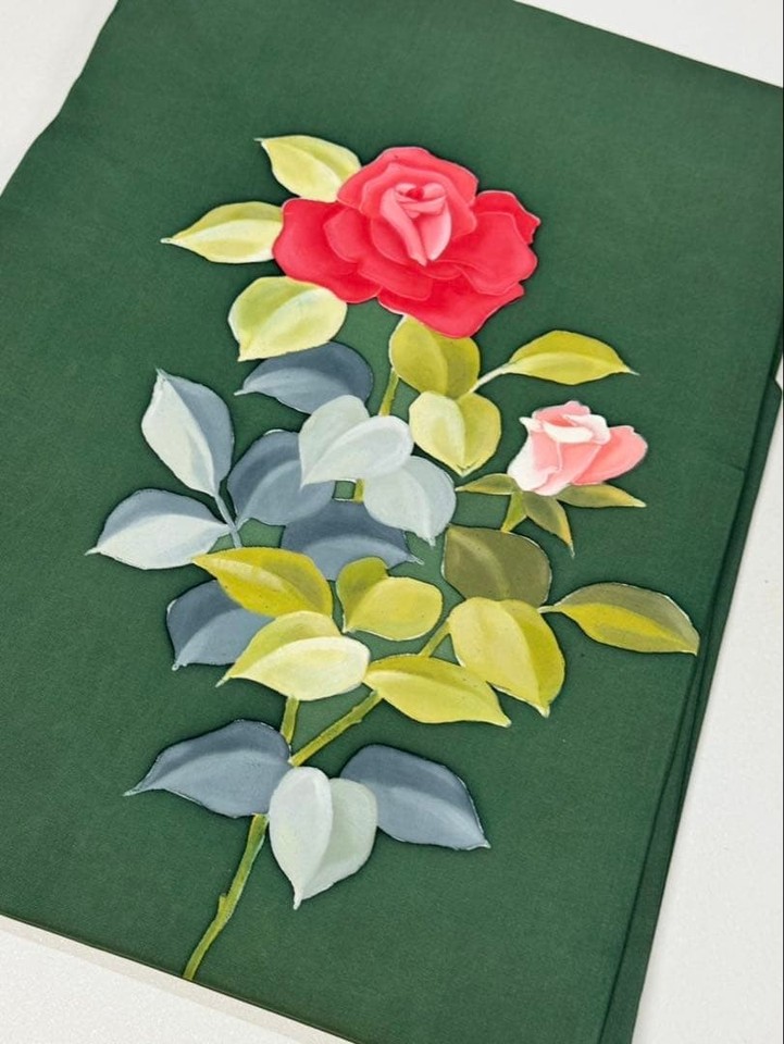 Nagoya Obi Dark Green Rose Hand-painted Fabric Stylish Used | eBay
