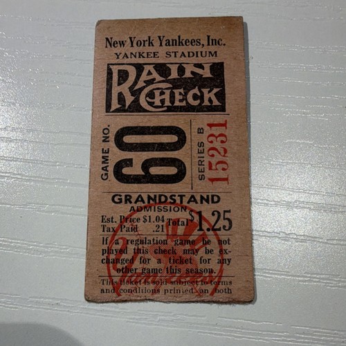 New York Yankees Yankee Stadium Vintage Rain Check Ticket Stub Game 60 ...