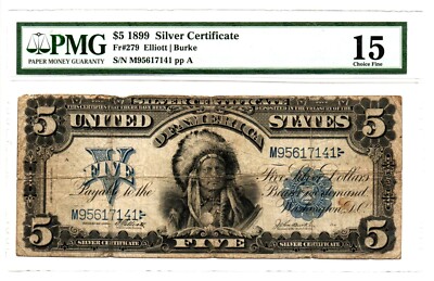 Fr. 279 1899 $5 Silver Certificate Note Elliott / Burke PMG Choice Fine ...