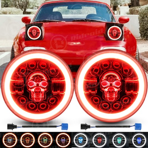 RGB Skull 7" inch Round LED Headlight Halo DRL For 90-97 Mazda NA Miata ...
