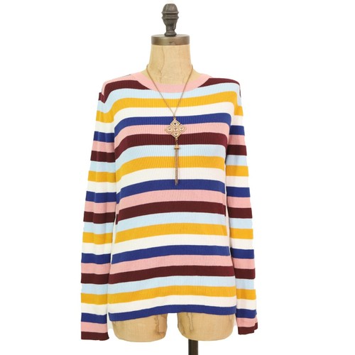 HALOGEN Even Striped Sweater Top Size L Fitted Crew Neck Pink Multi NEW ...