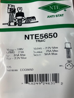NTE Electronics NTE5650 TRIAC-100VRM 2.5A TO-5 IGT=3MA | eBay