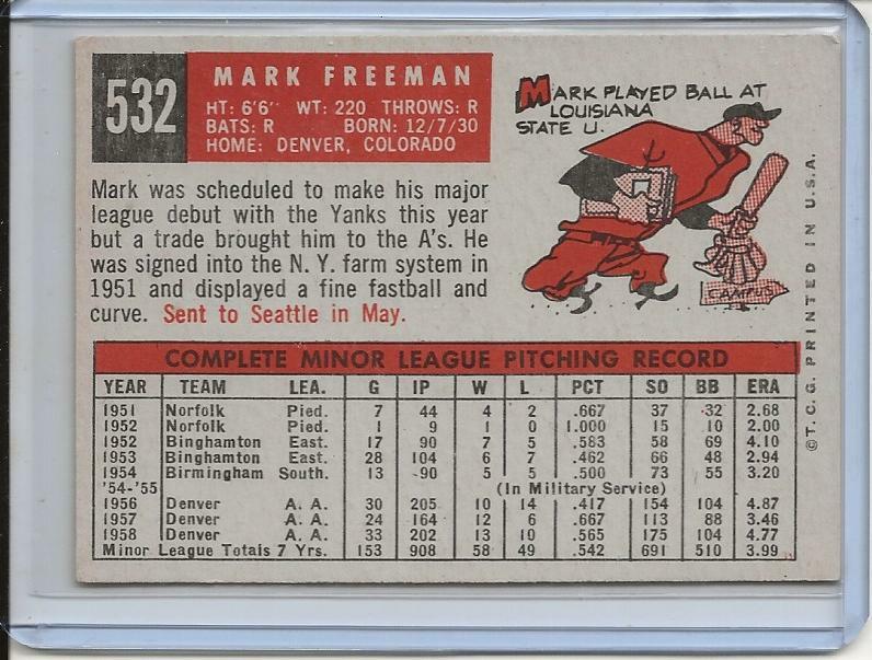 1959 Topps Baseball card Mark Freeman Pitcher Kansas C. Athletics NR MR ...