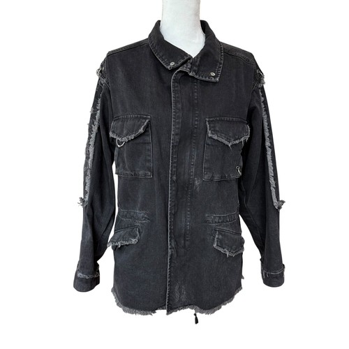 Zara Woman Denim Jacket Distressed Frayed Edges Silver Rings Black Size ...