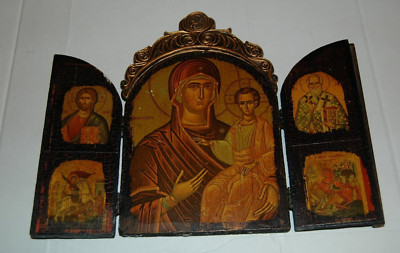 Vintage Wood Icon Triptych Virgin Mary Jesue Tri Fold Religious Art ...