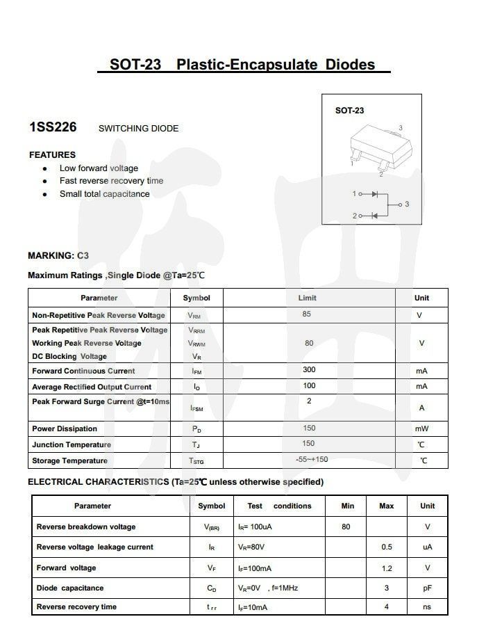 50PCS 1SS226 C3 80V 0.1A SOT-23 Switching Diodes SMD Transistor | eBay
