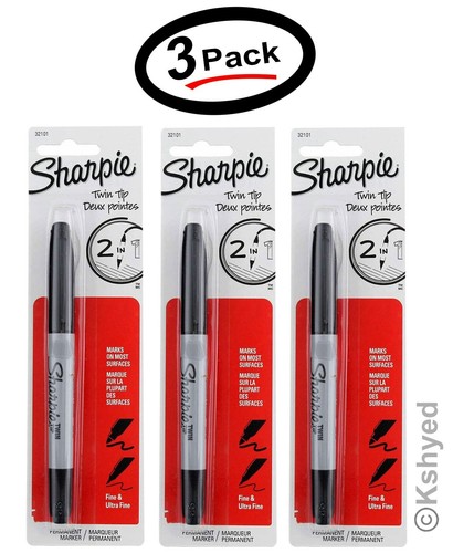 (3 Pack) Sharpie Twin Tip Permanent Black Marker, Fine & Ultra Fine ...