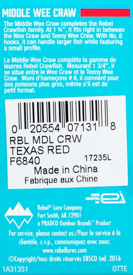 (LOT OF 6) REBEL MIDDLE WEE CRAW 1-3/4" F6840 TEXAS RED (88 ...