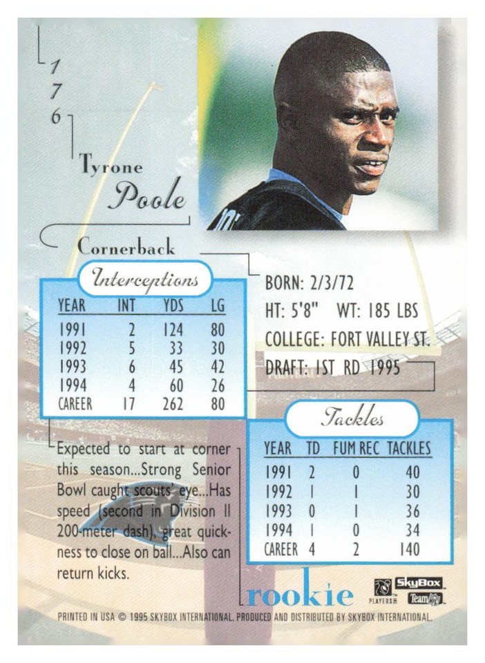 1995 SkyBox Premium #176 Tyrone Poole RC | eBay