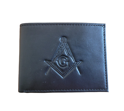Masonic Genuine Black Leather Bifold Wallet Mason Compass Freemason ...