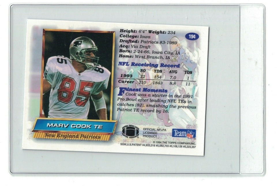 MARV COOK Signed 1994 Topps Finest New England PATRIOTS NFL Football ...