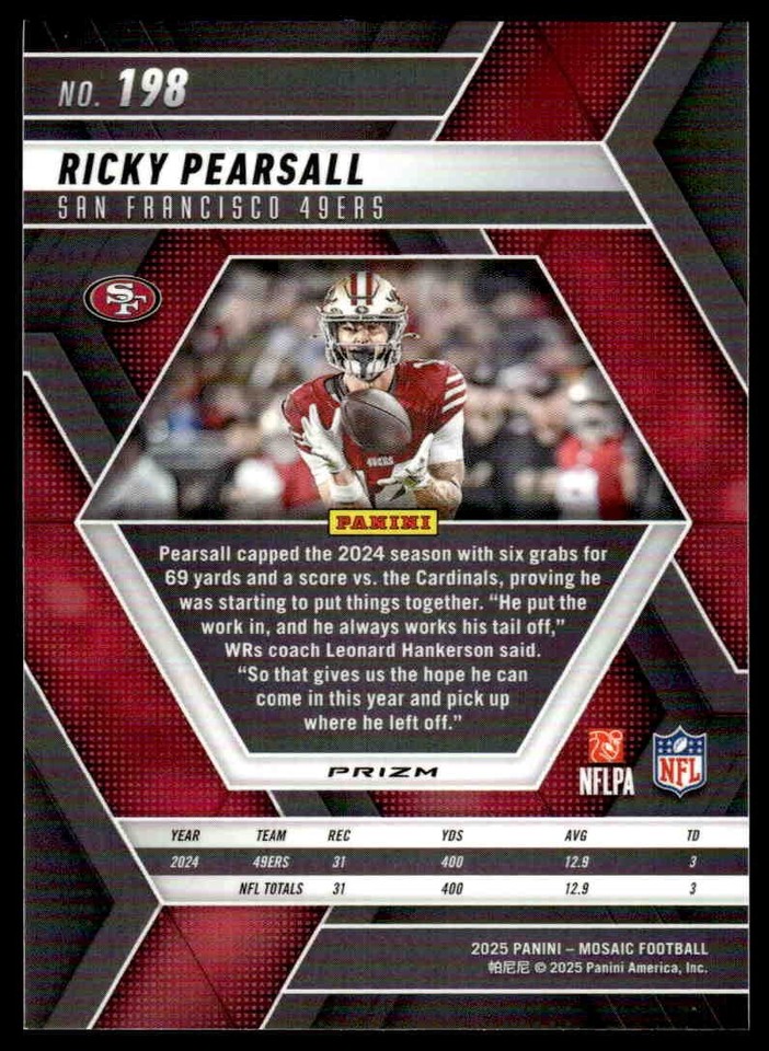 Ricky Pearsall #198 2025 Panini Mosaic Blue Scope San Francisco 49ers ...