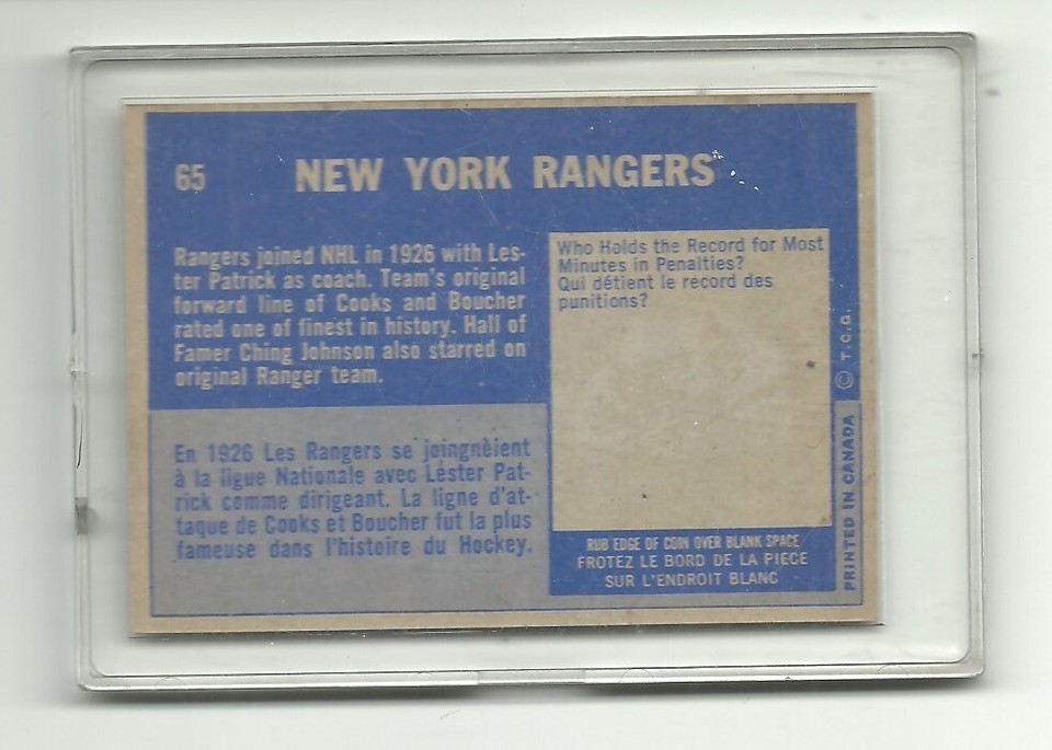 1963-64 Topps T.C.G New York Rangers Team #65 Hockey Card Printed in ...