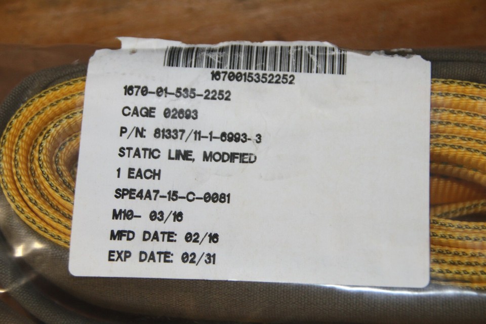 New Military Parachute 14.5' foot Modified Static Line WITH PIN 1670-01 ...