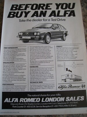 BEFORE YOU BUY AN ALFA ALFA ROMEO LONDON SALES 1985 ADVERT A4 FILE 29 ...