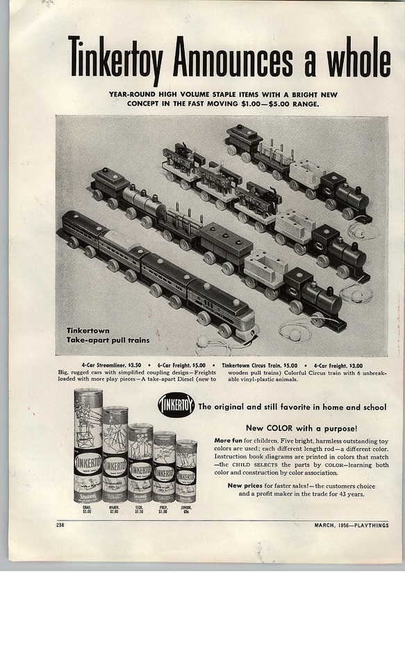 1956 PAPER AD Tinkertoy Tinkertown Take Apart Pull Toy Trains Circus ...