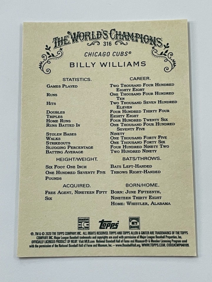 2020 Topps Allen & Ginter Baseball Short Print #316 - Billy Williams ...