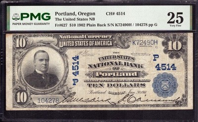 1902 $10 UNITED STATES NATIONAL BANK NOTE CURRENCY PORTLAND OREGON PMG ...