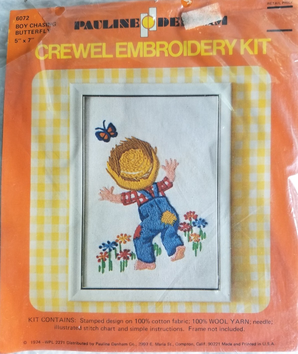 Pauline Denham "Boy Chasing Butterfly" Crewel Embroidery Kit Size 5"x 7 ...