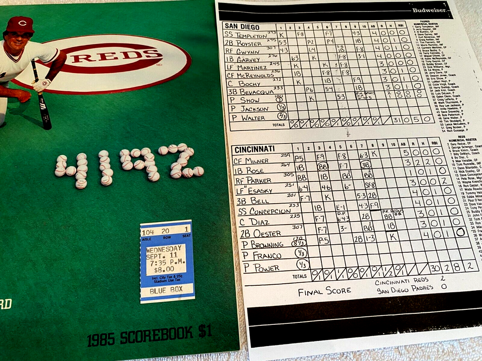 PETE ROSE #4192 Hit Program with Boxscore & ticket stub enclosed -Exc ...