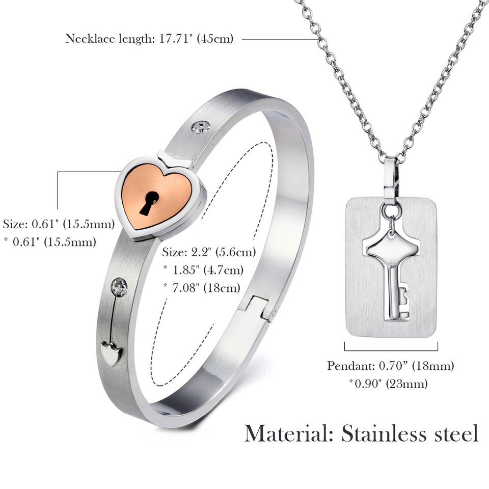 Womens Heart Lock Bangle Bracelet and Key Pendant Chain Necklace ...