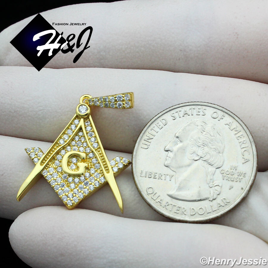 MEN 925 STERLING SILVER ICY BLING CZ 3D MASONIC GOLD PLATED PENDANT ...