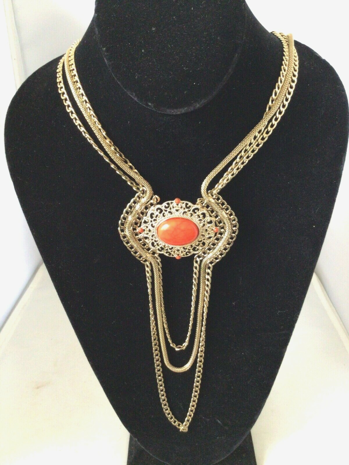 NW168 DESIGNER INSPIRED UNIQUE GOLD TONE METAL ORANGE GEMSTONE CHAIN ...