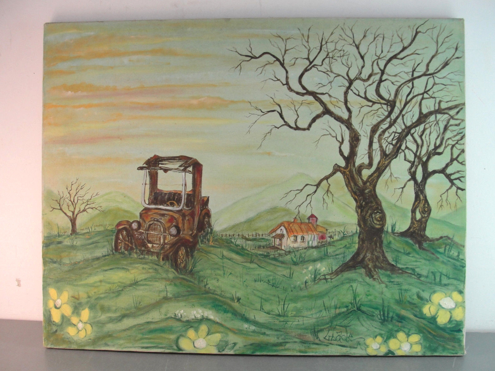 ORIGINAL OIL PAINTING ART ON CANVAS SIGNED GLADE SCARY CREEPY RUSTY ...