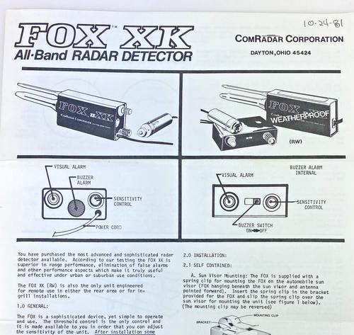 1980's FOX XK REMOTE RADAR DETECTOR INSTRUCTIONS ComRadar Dayton Ohio 4 ...