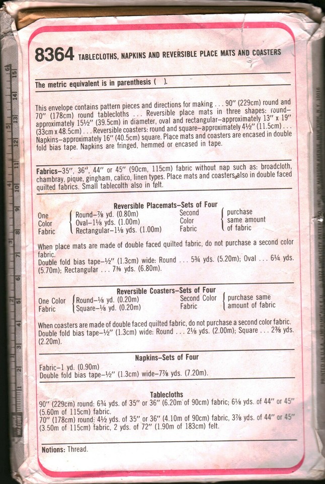 8364 Vintage Simplicity Sewing Pattern Kitchen Tablecloth Napkins ...