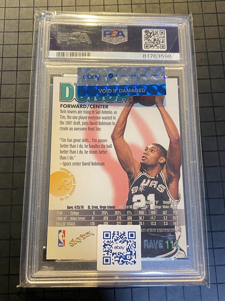 1997 Skybox Z-Force Rave /399 #111 Tim Duncan RC PSA 8 🔥 Spurs Rookie ...