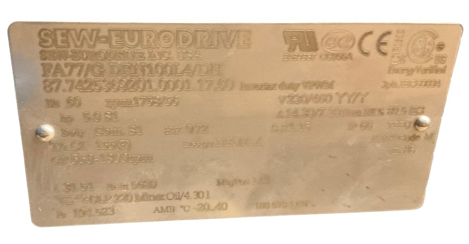 Sew-Eurodrive FA77/DRN100L4/DH Gearmotor, 320/460V, 60Hz, rpm 1758/56 ...
