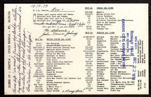 QSL RADIO CARD "Ballard Zipper/Ballard Twinkie,The Schram's,John,Donna ...
