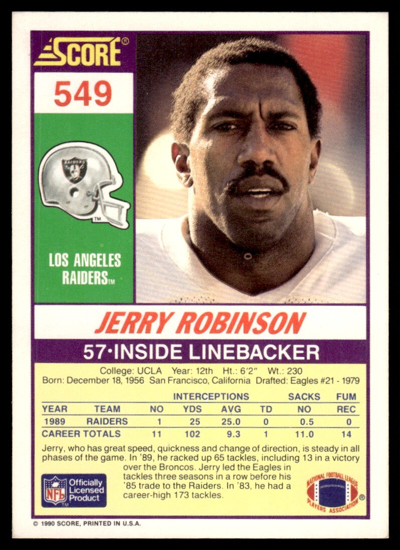 1990 Score Jerry Robinson Los Angeles Raiders #549 | eBay